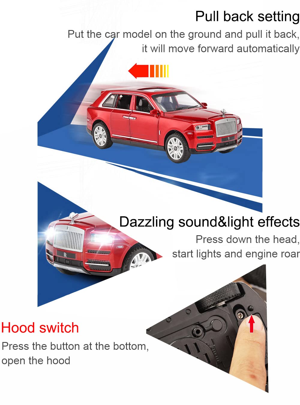 Red Rolls Royce Cullinan Toy Pull Back Vehicles Diecast Car Model with Light and Sound