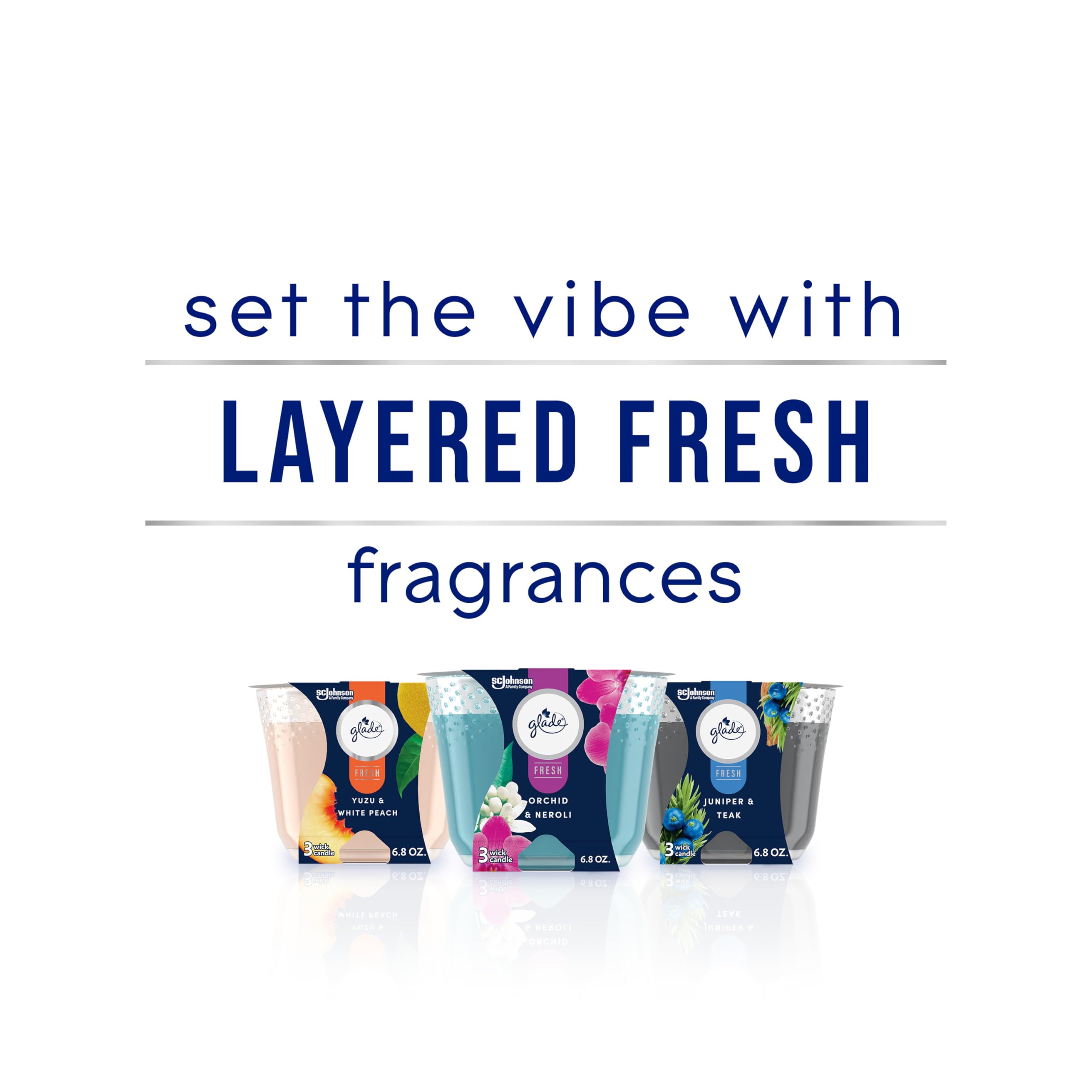 Glade Candle Yuzu & White Peach, Fresh Collection, Fragrance Candle Infused with Essential Oils, Air Freshener Candle, 3-Wick Candle, 6.8 Oz, 3 Count