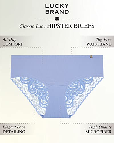 Lucky Brand Women's Underwear - Microfiber Lace Hipster Briefs (3 Pack), Size Large, Indigo/Blue/Silver Scone