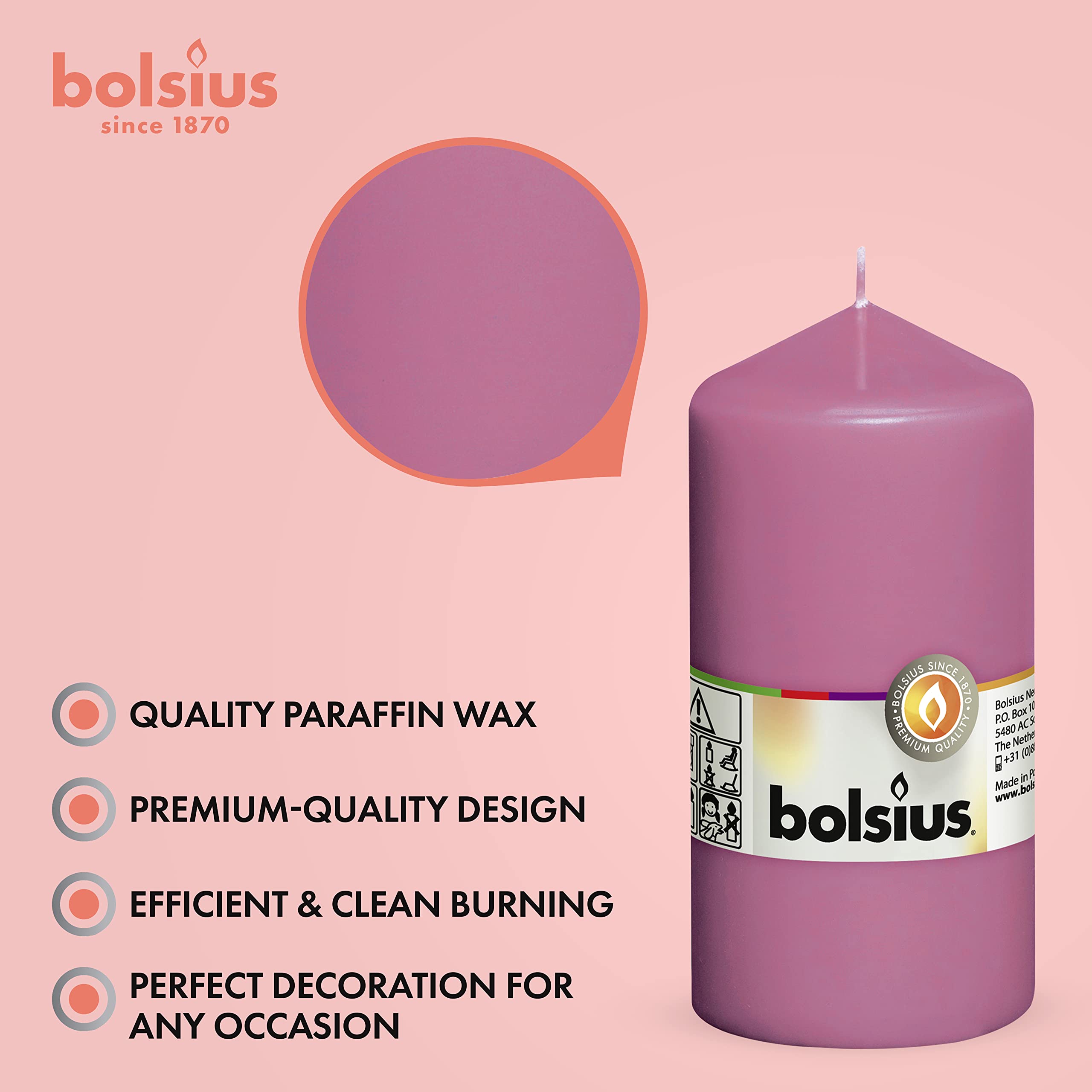 BOLSIUS 8 Pink Pillar Candles - 2.75 x 5 Inches - Premium European Quality - Individually Wrapped - 43 Hours Burn Time - Dripless & Smokeless - Unscented Dinner, Wedding, Party, & Restaurant Candles
