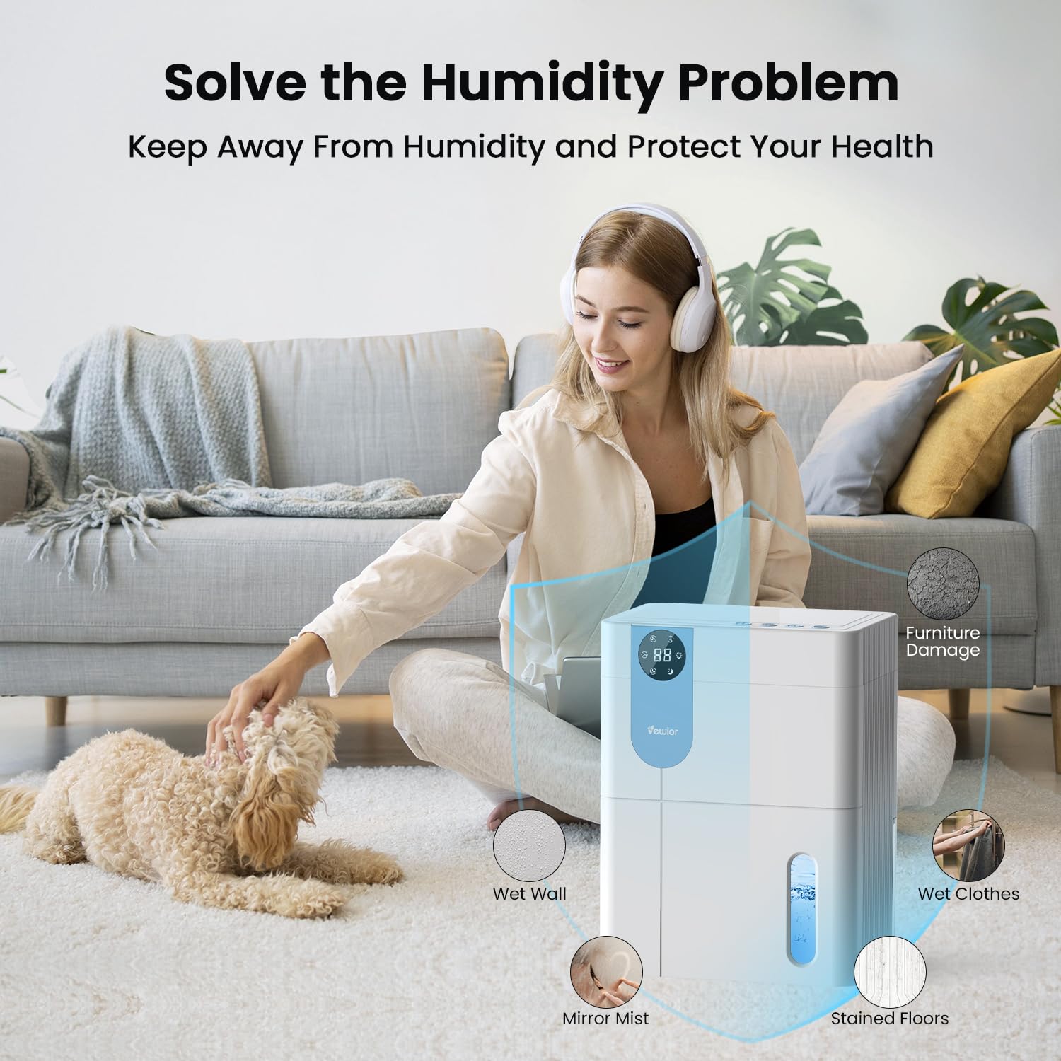 Dehumidifier, VEWIOR 152 OZ Dehumidifiers for Home, Quiet Dehumidifier for Basement with Large Water Tank, Dehumidifiers for Bathroom Bedroom RV Closet with Auto Shut Off and Night Light