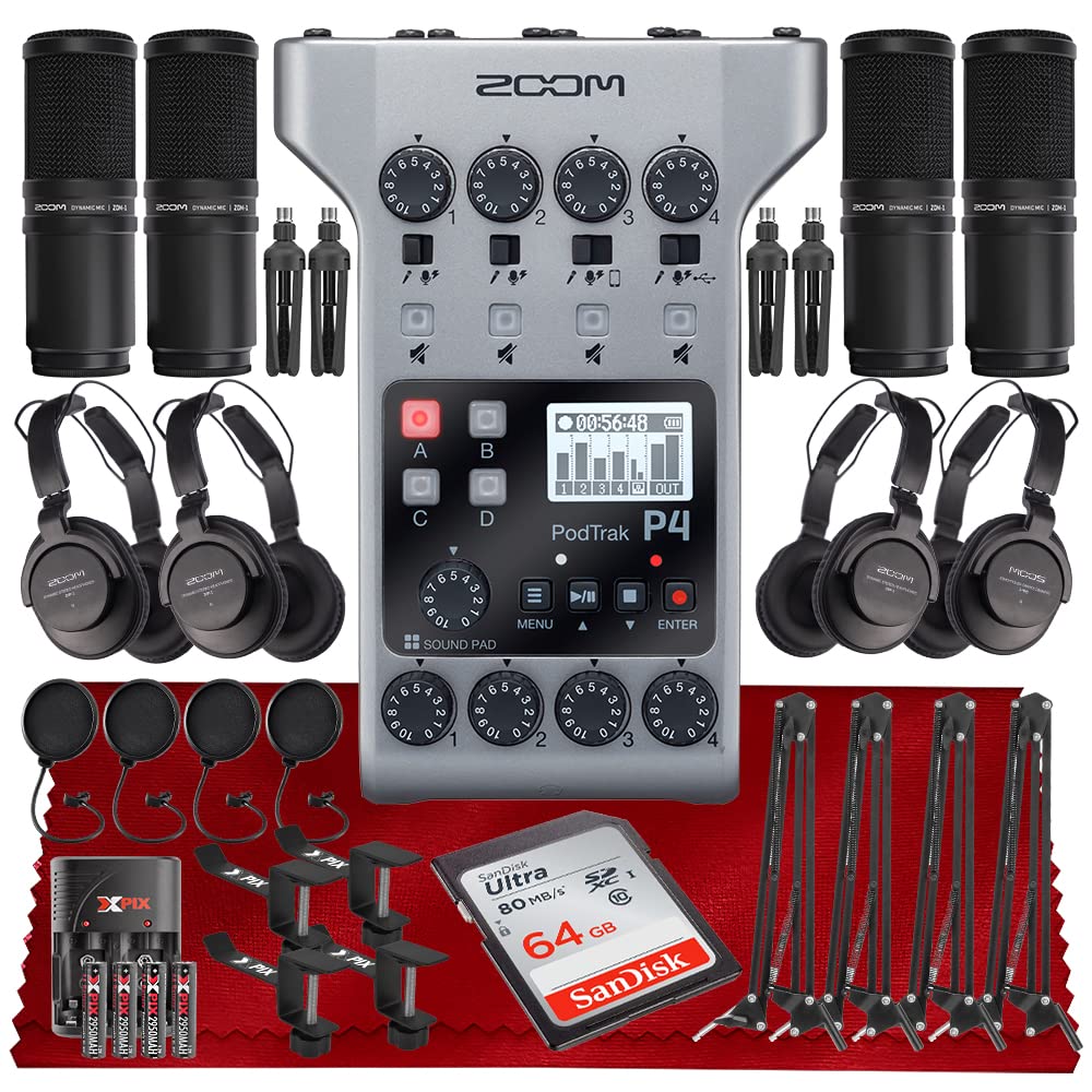 Zoom PodTrak P4 Portable Multitrack Podcast Recorder, Audio Interface w/ 4 Mic Inputs, 4 Headphone Outputs + 4x Zoom ZDM-1PMP 4 Headphones, Microphones stands & cables, 64GB SDXC, Boom arms and more