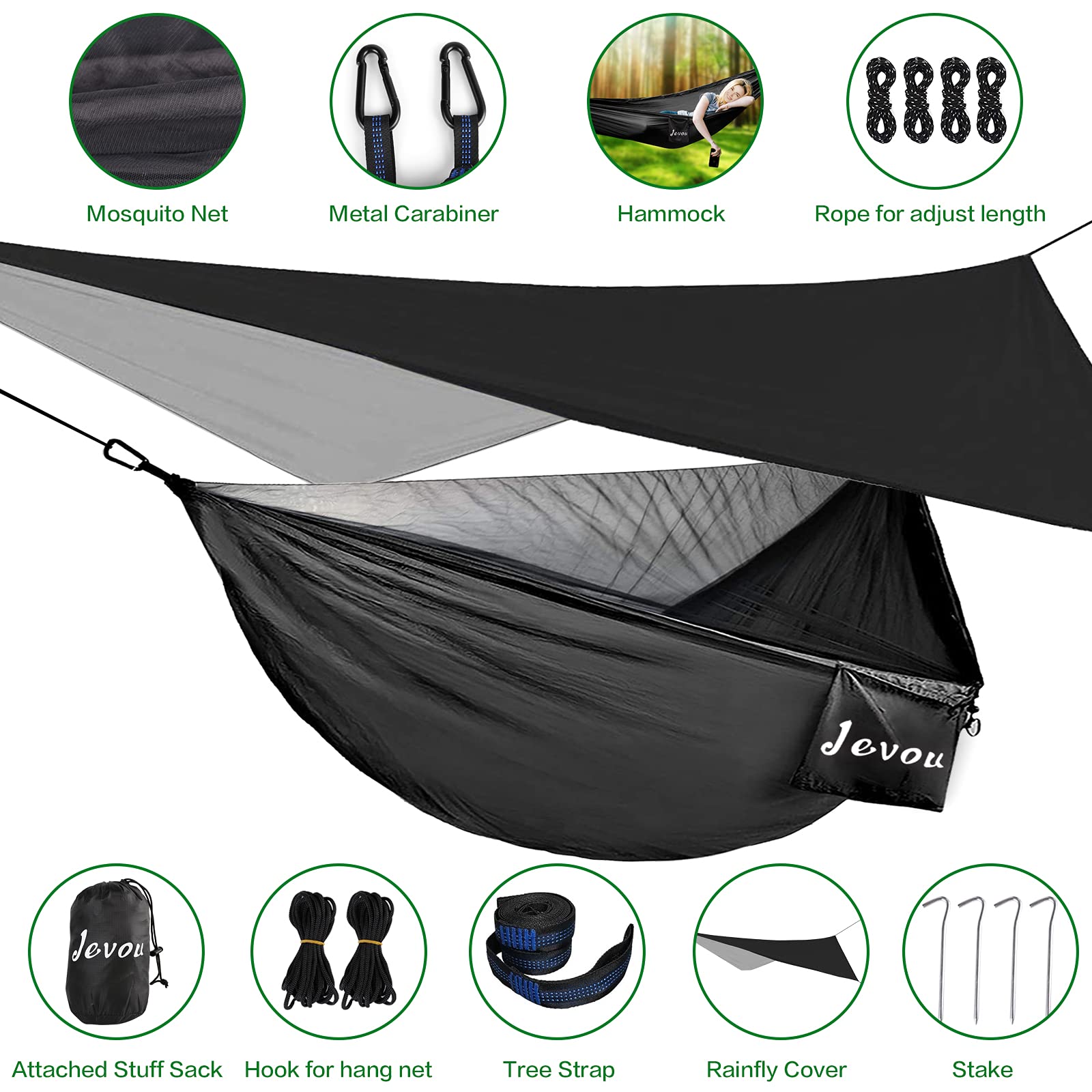 Camping Hammock with Rainfly Tarp, Hammocks Tent with Mosquito Net for Camping, Single & Double Portable Nylon Backpacking Hammock Bundle Kit for Outdoor, Indoor, Beach, Backyard, Patio - Hold 772lbs