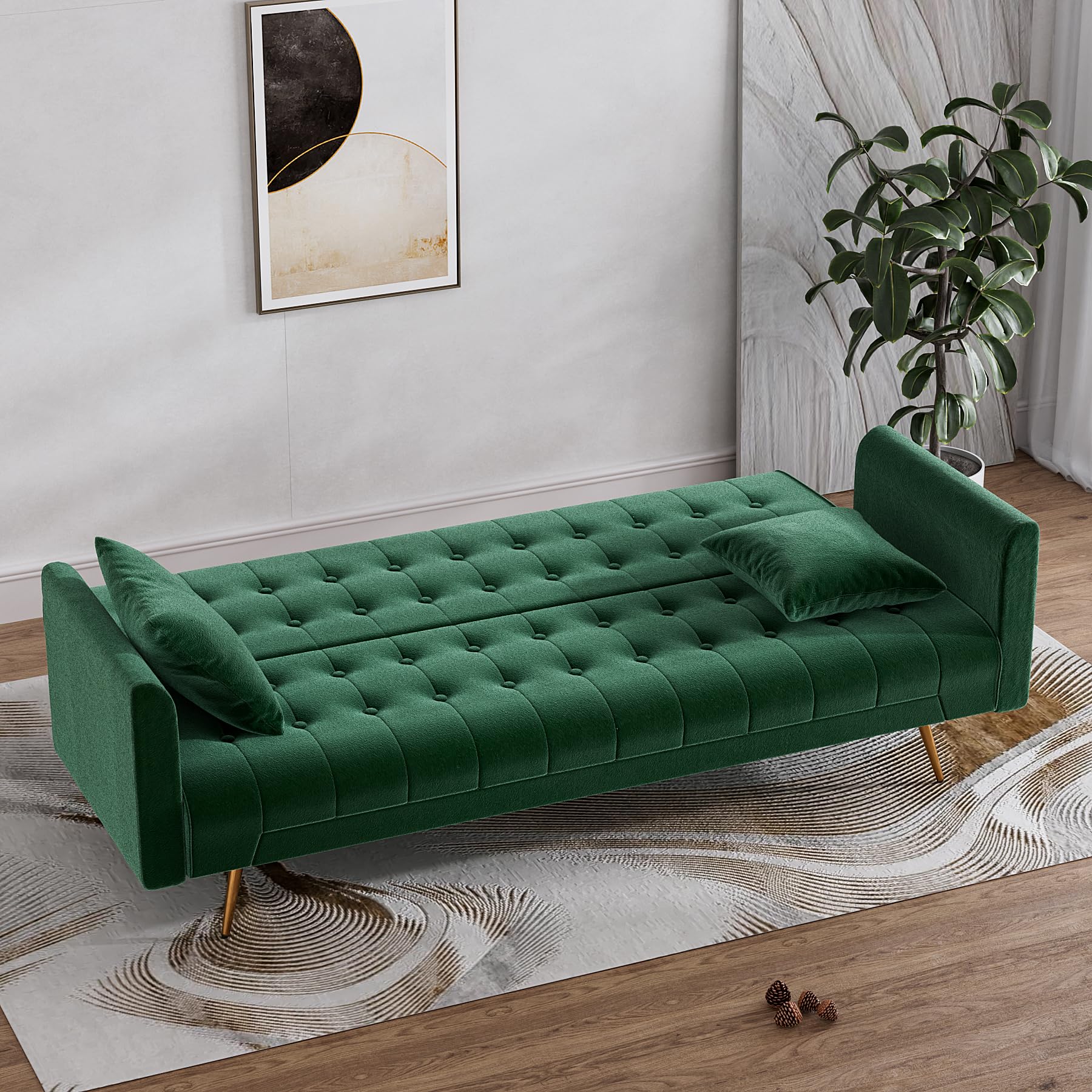 OUYESSIR Velvet Futon Sofa Bed, Convertible Futon Couch, Sturdy Sleeper Sofa in 71 inch, Small Futon Sofas (Green)