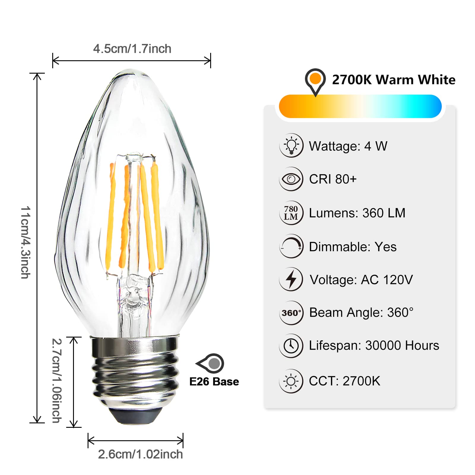 ROMANJOY F15 4W LED Light Bulbs, LED Porch Light Bulbs, E26 Medium Base, Dimmable 2700K Warm White LED Post Bulb 40w Equivalent, Outdoor Decorative Chandelier Lantern Lamp, 4-Pack…