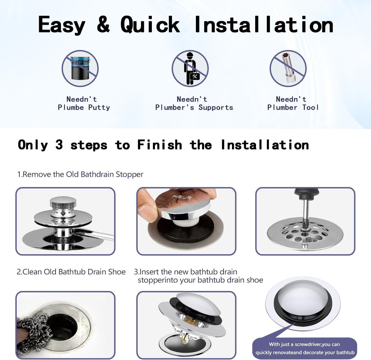 GEKJDMER Universal Tub Stopper Bathtub Drain,Pop Up Bath Drain Tip Toe Bathtub Drain Stopper,Replaces Bath Tub Lift and Turn, Tip-Toe and Trip Lever,Easy to Install and Clean