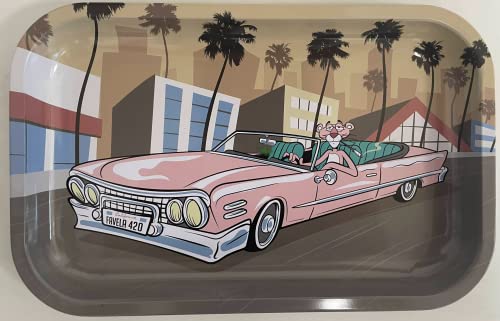 Favela420- Metal Rolling Tray Smoke Pink Panther 10" x 6.7" Large - Rolling Trays Accessories - Rolling Paper Tray (Smoke Pink Panther)
