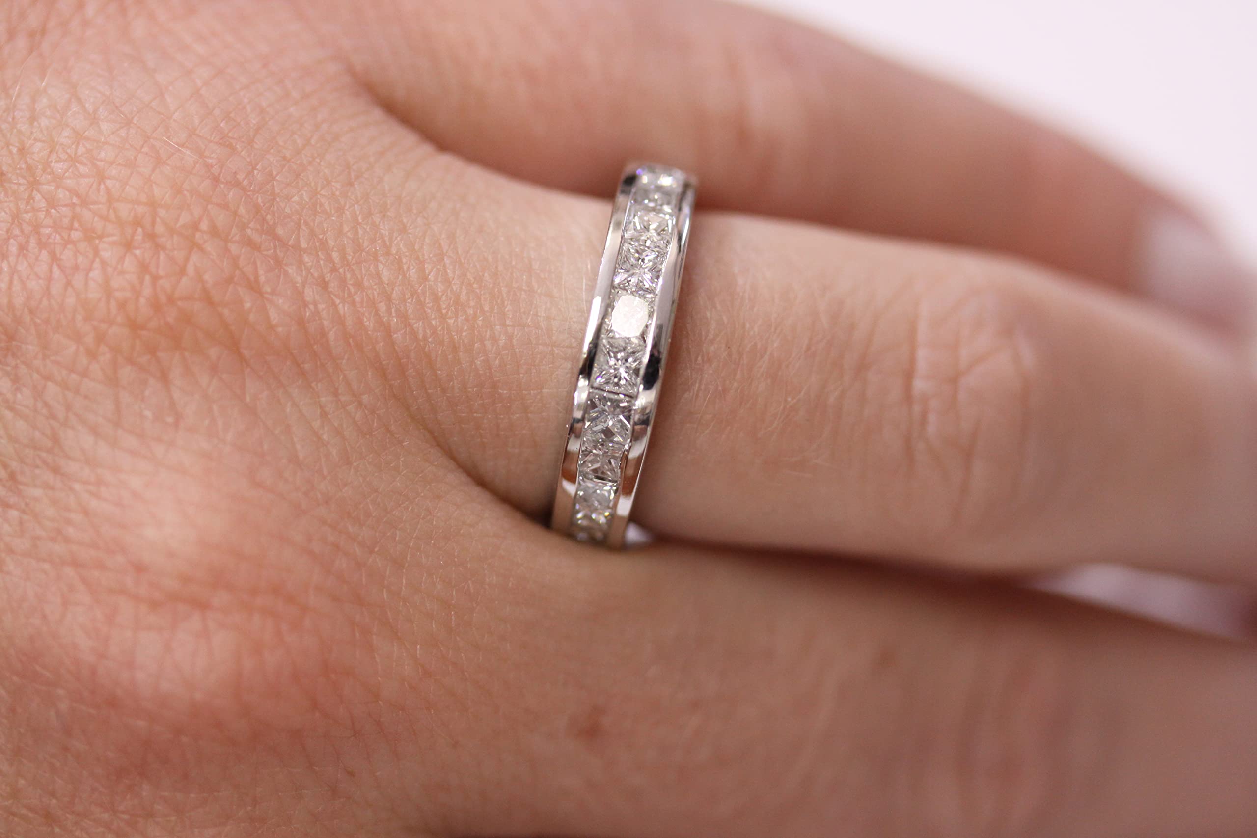 Solid 14k White Gold 1 ctw Natural Princess Cut Diamond Channel Set Stackable Wedding Band Ring for Women or Men 4.5 mm - Handmade in USA - April Birthstone