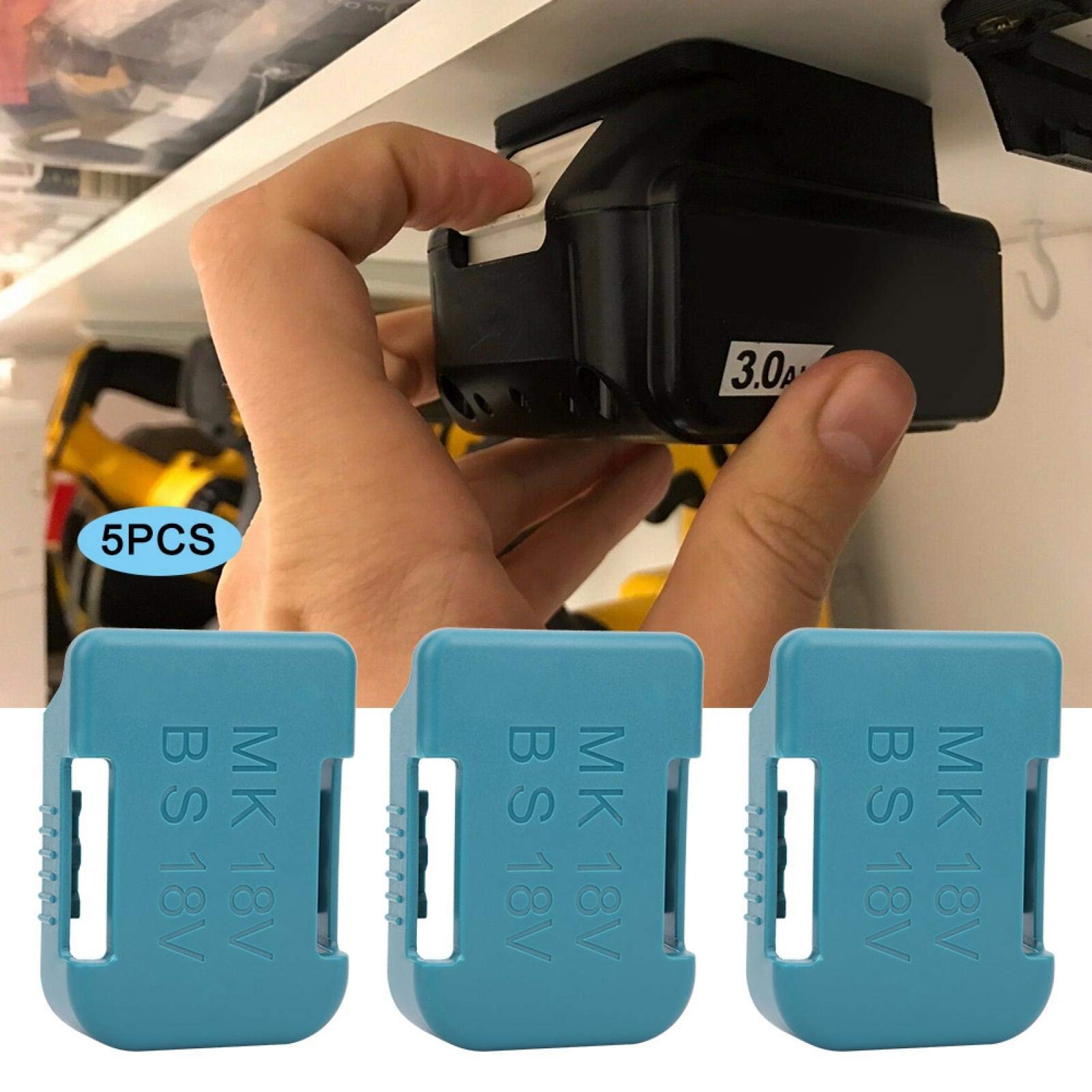 Bindpo Battery Rack, 5Pcs Battery Wall Mount Storage Shelf Rack, Battery Holder Compatible for Makita 18V/for Bosch 18V Batteries, Shelf Bracket Belt Slot(Cyan)