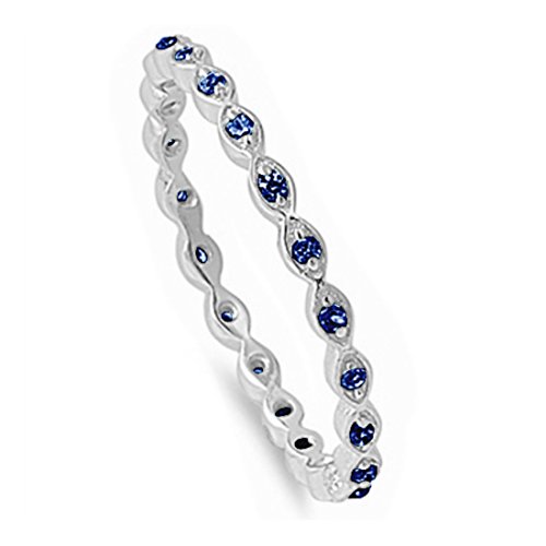 Blue Apple Co. 2MM Full Eternity Stackable Wedding Engagement Band Ring Round Simulated Sapphire 925 Sterling Silver