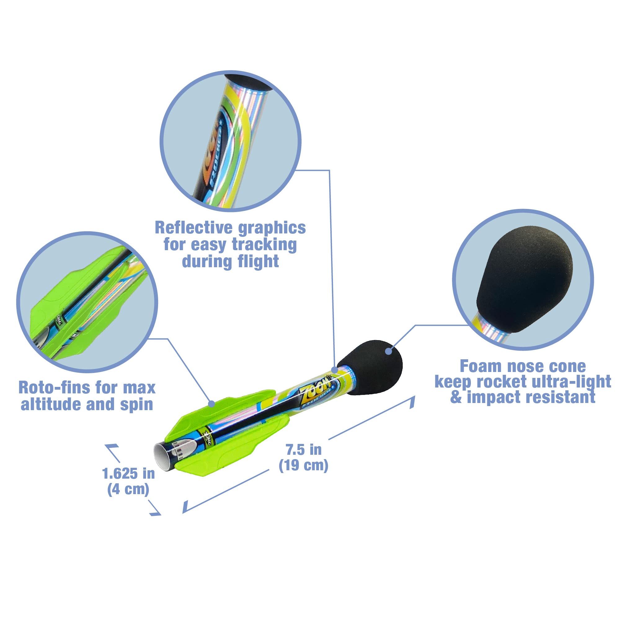Zing Zoom Rocketz Refills 6 Pack, Soft and Safe Rocket Replacement, Launch up to 150 Feet Zoom Rocketz Launcher, No Batteries Required, for Kids Ages 8 and Up