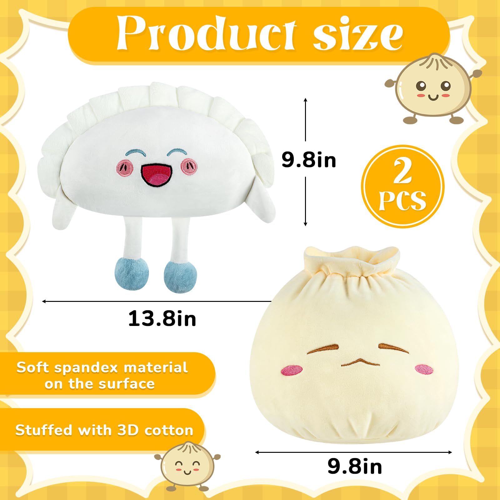 Gemscream 2 Pcs 13.8 Inch Dumpling and 9.8 Inch Bun Dumpling Plush Pillow with Features Soft Stuffing Cute Soup Dumpling Plushie Funny Asian Food Pillow Stuffed Dumpling Plush Toy for Sleeping Gifts