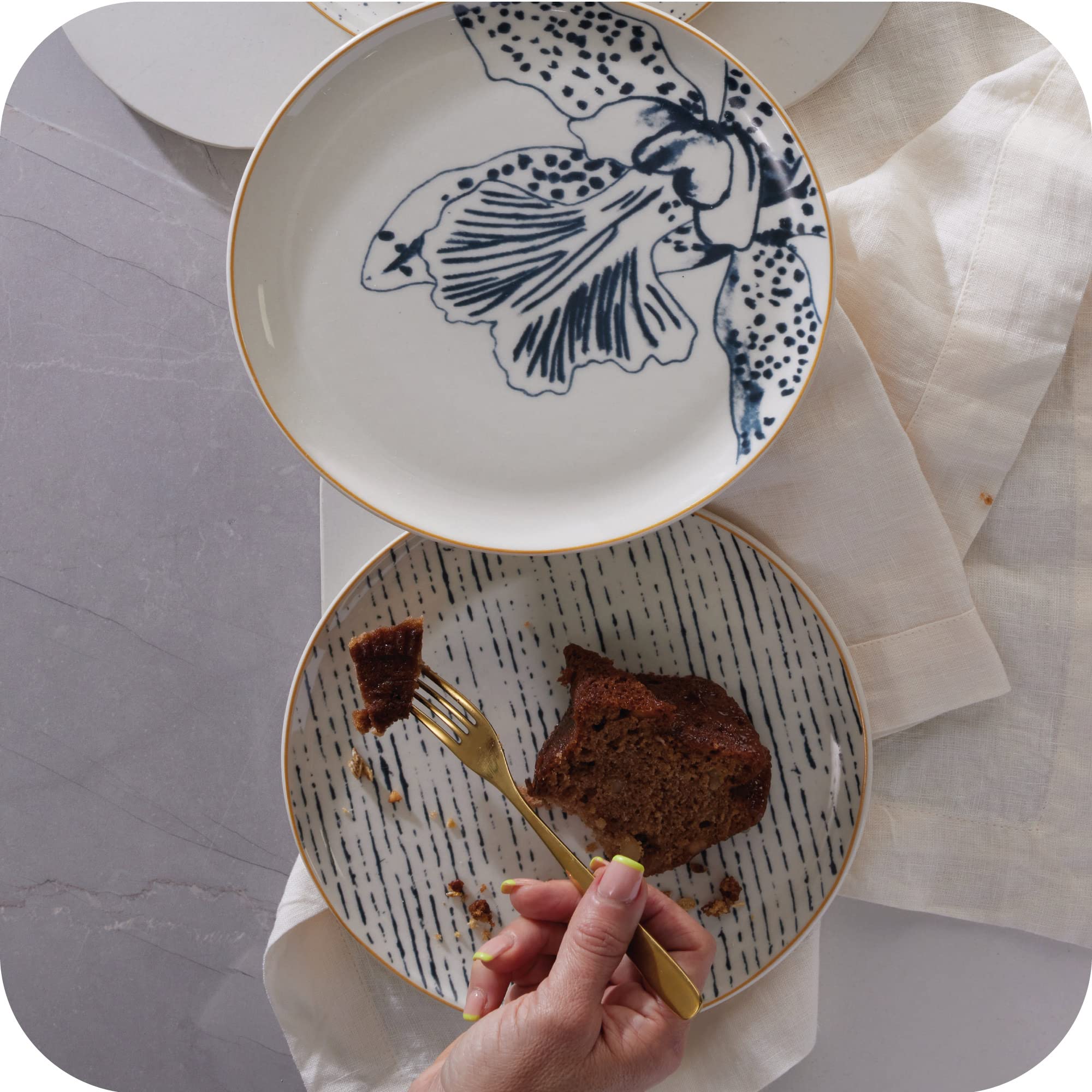 Corona 4 Salad plates Set |Cattleya 8.26 in - 21 cm | Service for 4 | Ceramic | Floral design | Set 4 platos ensalada |Cerámica
