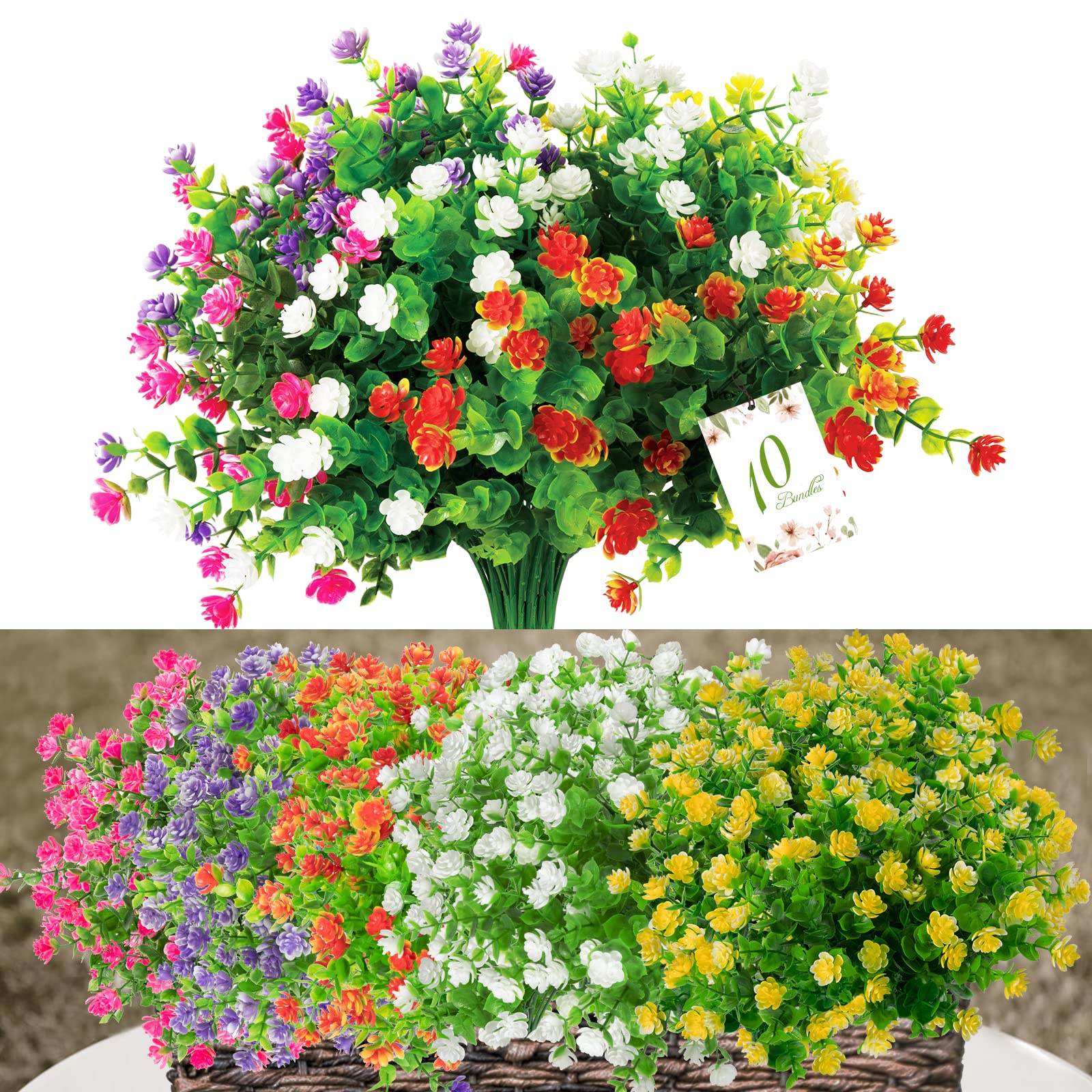 Yyoulli 10 Bundles Artificial Flowers for Outdoors, UV Resistant Artificial Flowers for Home Decoration Fakes Plastic Flowers for Hanging Garden Porch Window Box Decor(5 Color )