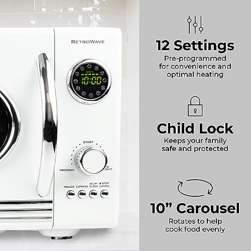 Nostalgia Retro Microwave - Countertop Microwave Oven - Includes 12 Pre-Programmed Settings and Digital Clock - 0.9 CU Ft. - 800 Watts - White