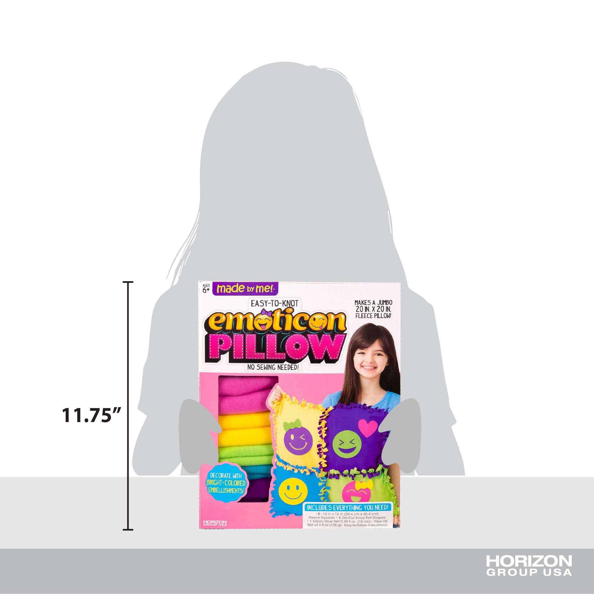 Made By Me Easy to Knot Jumbo Emoticon Pillow by Horizon Group USA, No Sewing, No Cutting, 20 in.x 20 in. Fleece Pillow, Pre-Cut Squares & Felt Decals, Fiber Fill, Assorted (73041F)