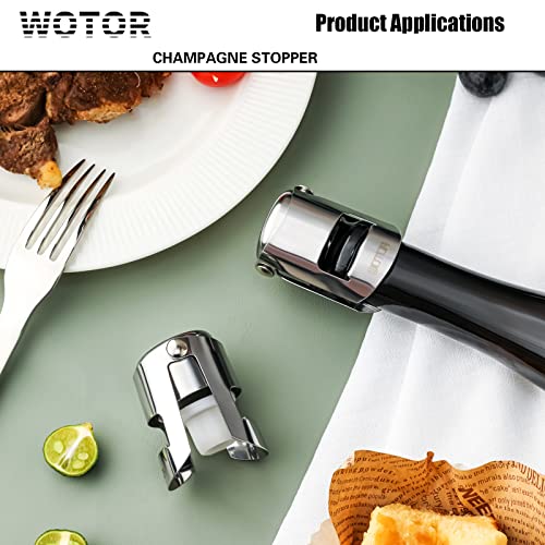WOTOR Champagne Stoppers with Stainless Steel Champagne Bottle Stopper with Food Grade Silicone Reusable Champagne Cork, Saver Suitable for Champagne, Cava, Prosecco, Sparkling Wine (Silver, 2pack)