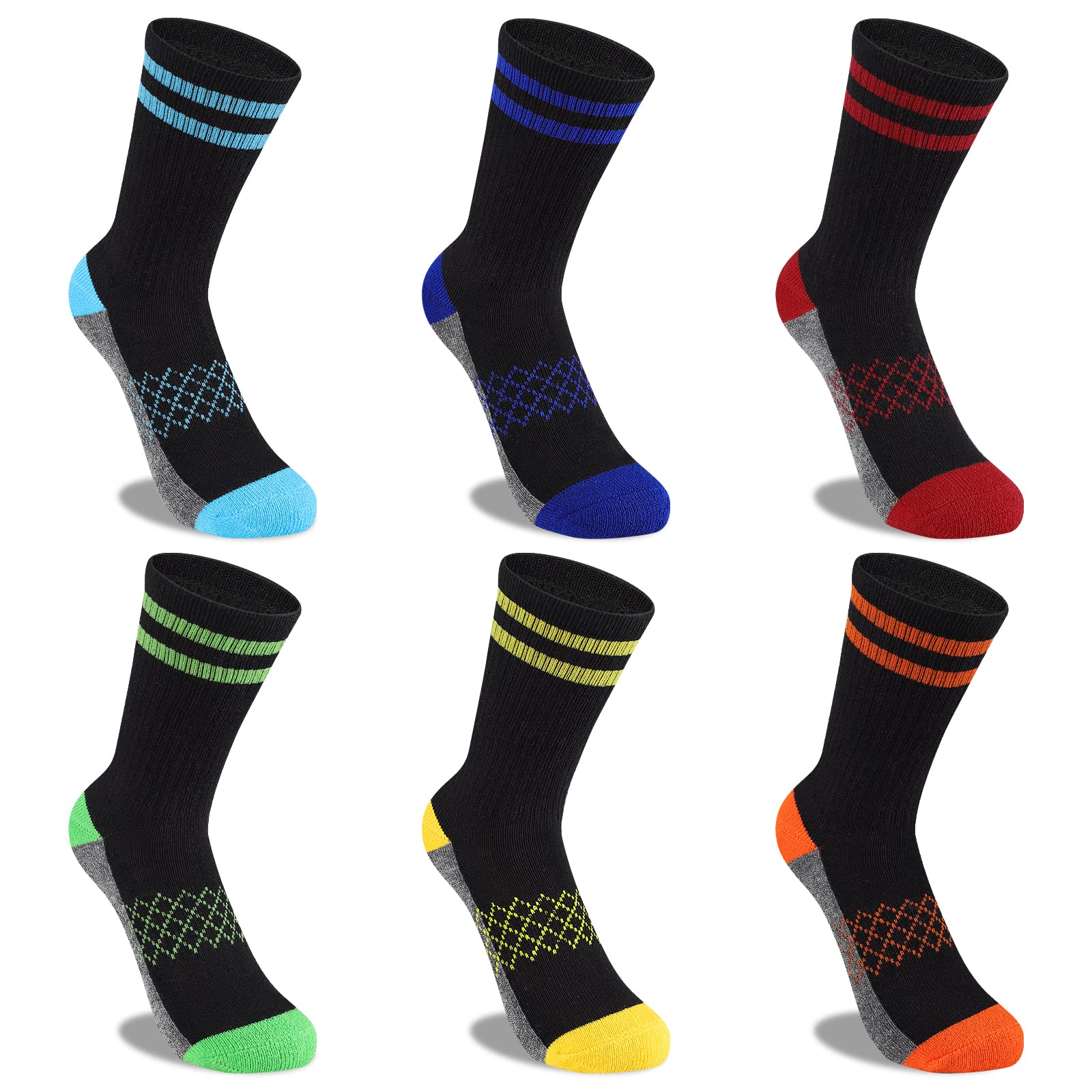 Comfoex Boys Crew Socks 8-10 6-8 4-6 Years Old Athletic Long Cotton Socks For Kids Half Cushioned Calf Socks 6 Pairs
