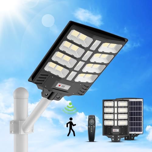 Glitgate Solar Street Light Outdoor, 1000W Dusk to Dawn Solar Parking Lot Light, 7000K Motion Sensor Solar Powered Flood Light, Remote Control IP65 Solar Security Lighting for Yard, Road, Driveway