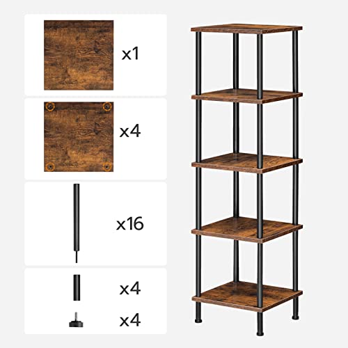HOOBRO 5-Tier Corner Shelf Stand, Corner Square Rack Display Shelf, Tall Storage Rack Plant Stand, Corner Bookcase for Small Spaces, Living Room, Home Office, Kitchen, Rustic Brown and Black BF50CJ01
