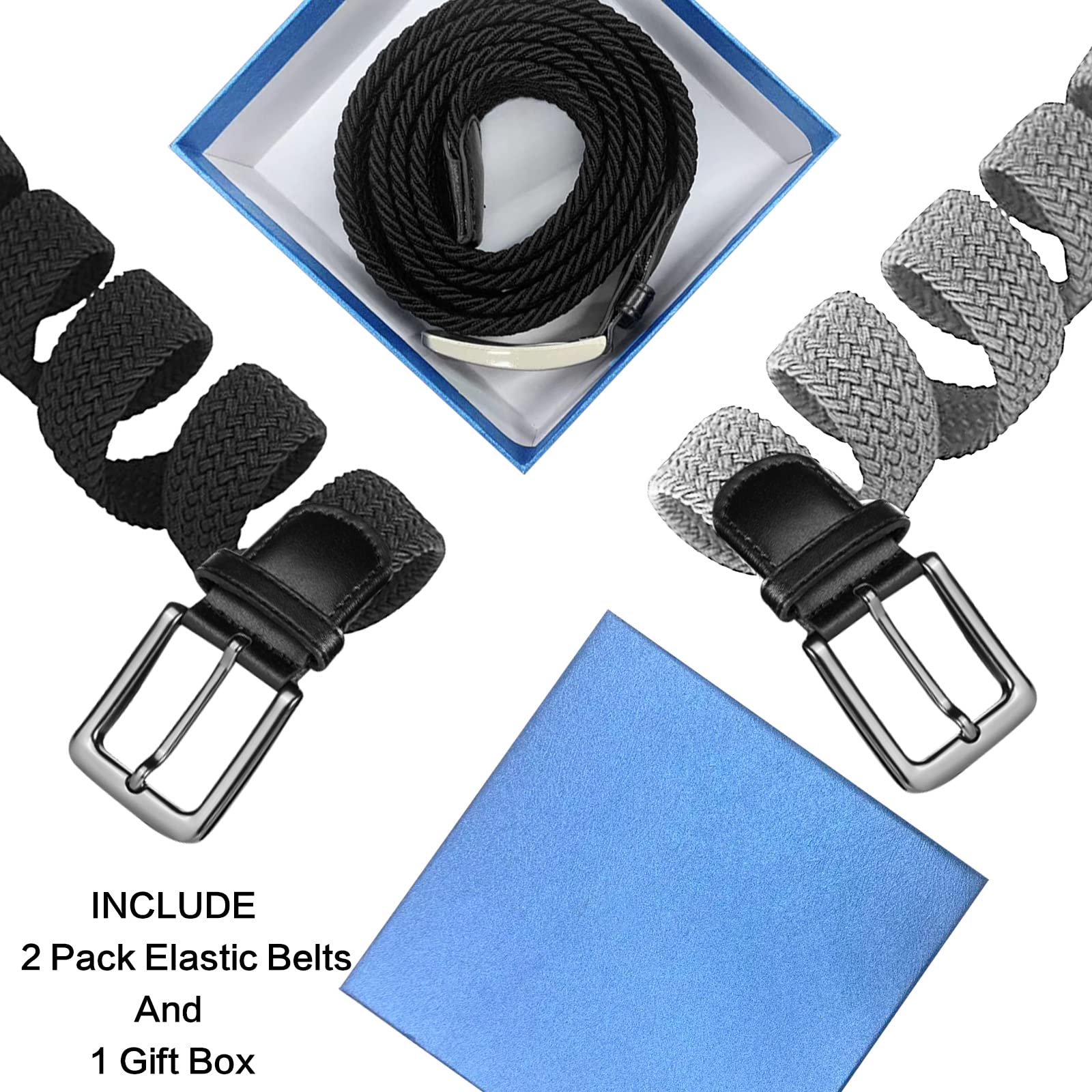 BRAMASOLE Mens Belts Casual Nylon Tactical 2 Pack Adjustable Stretch Braided Web Elastic Fabric Belt Outdoor Golf for Men Pants Jeans (Black/Grey, 32"-34" Waist Adjustable