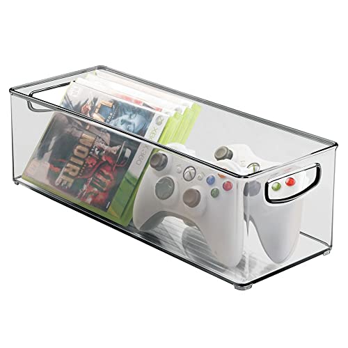 mDesign Plastic Video Game and DVD Storage Organizer - Game and Movie Disc Holder Bin with Handles for Home Media Console Stand and Closet Shelf - Ligne Collection - 8 Pack - Smoke Gray