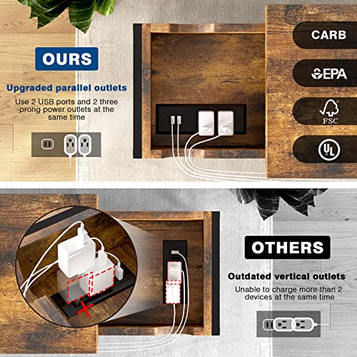 SAUCE ZHAN Sofa Side Table with USB Ports and Outlets, Narrow End Table with Storage Shelf for Small Spaces Bedside Nightstand with Charging Station for Living Room, Bedroom, Brown