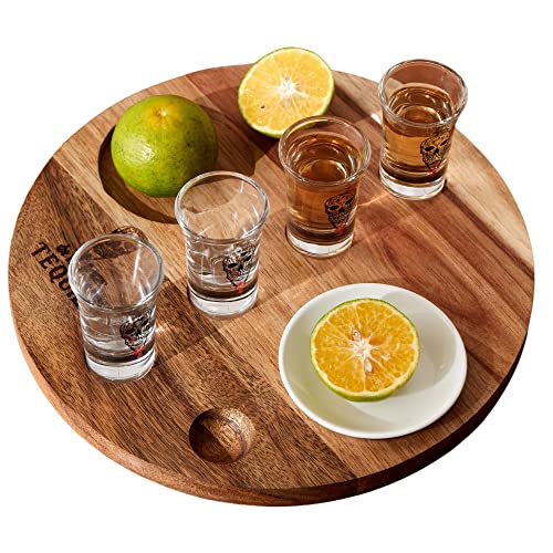 de la Cruz Tequila Flight Board with Salt Rim, Includes 4x Shot Glasses and Ceramic Plate Handmade Board, Glass Holder, Bar Party Serving Tray, Family Dinner Party, Gift for Friend