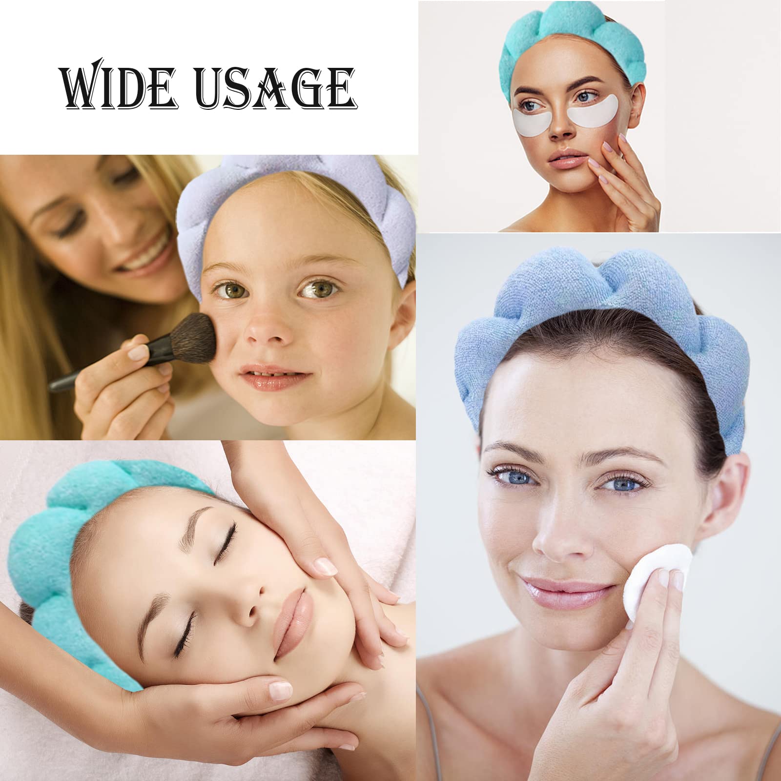 COMMINY Spa Headband for Washing Face,Sponge Soft Makeup Face Wash Headband,Terry Cloth Skincare Puffy Headbands for Women(Blue)