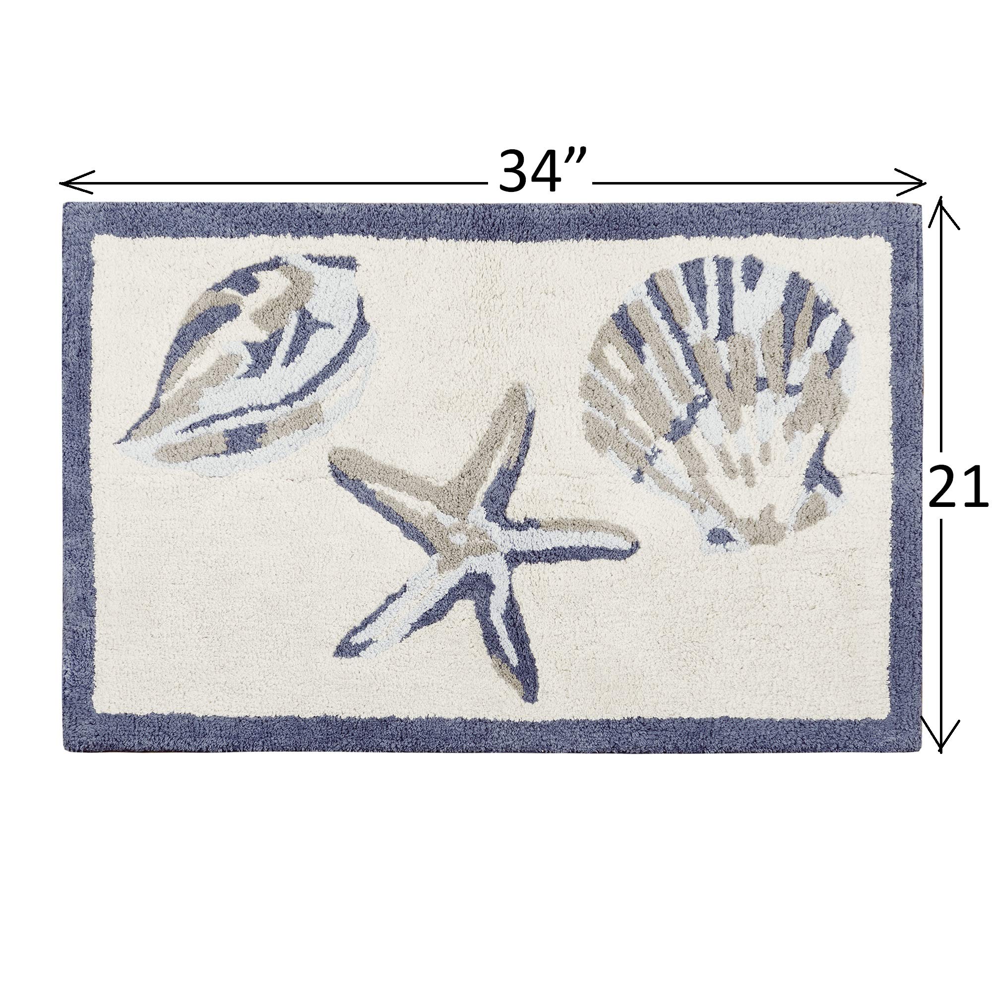 Madison Park Bayside 100% Cotton Tufted Non-Slip Absorbent Ultra Soft Seashells Beach Style Bath Mat Bathroom Rugs, 21X34" Inches, Blue, 1 Piece