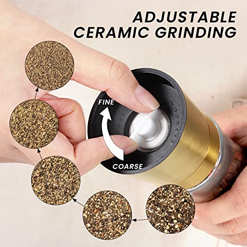 VEVOK CHEF Gold Salt and Pepper Grinder Mill Set Stainless Steel Pepper Shaker Adjustable Ceramic Coarseness Salt Grinder Black Pepper Spice Grinder Mill