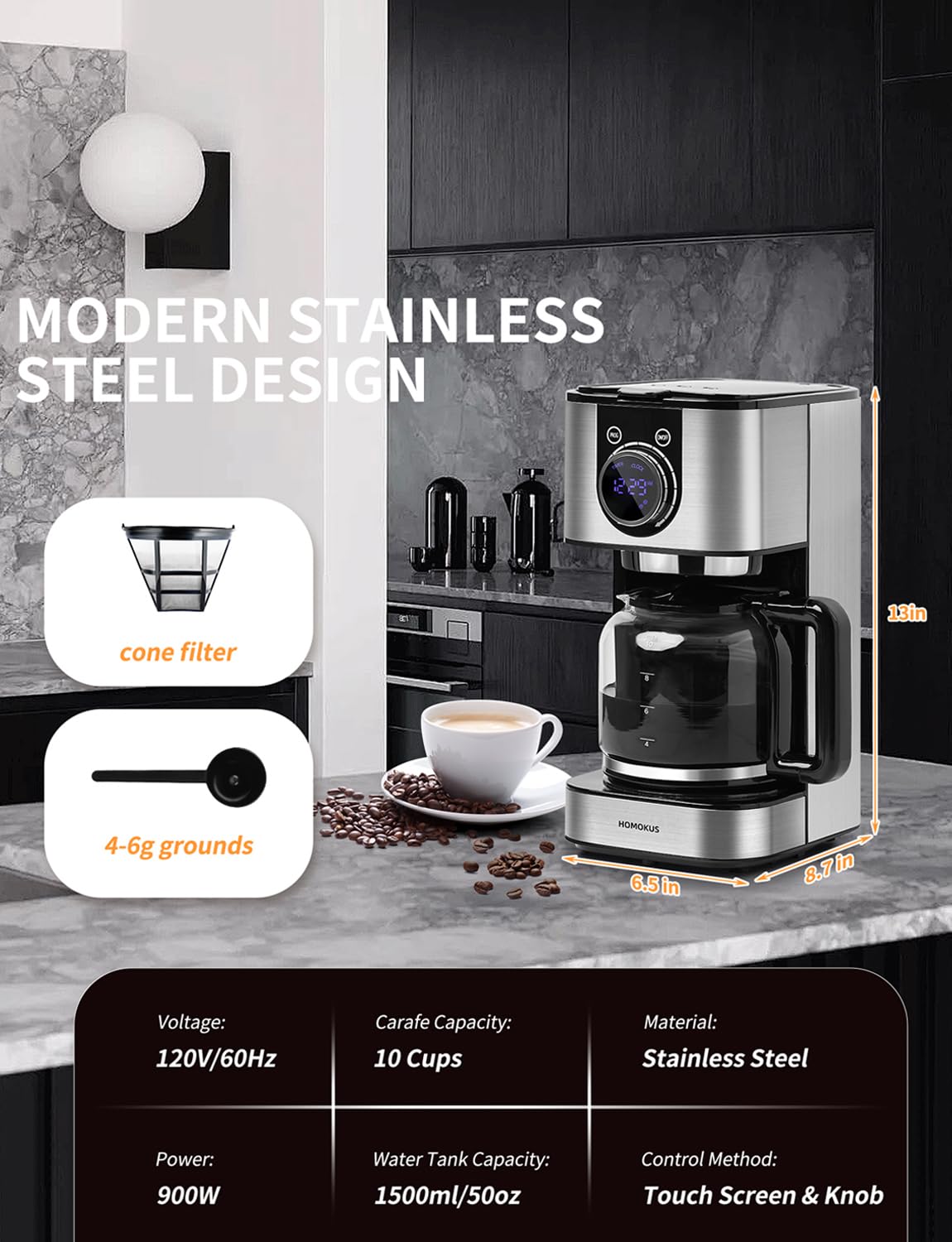 Homtone 10 Cup Programmable Coffee Maker, Drip Coffee Maker with LCD Screen, Glass Carafe, Warming Plate, Auto Shut Off, Regular & Strong Brew for Home and Office, Stainless Steel