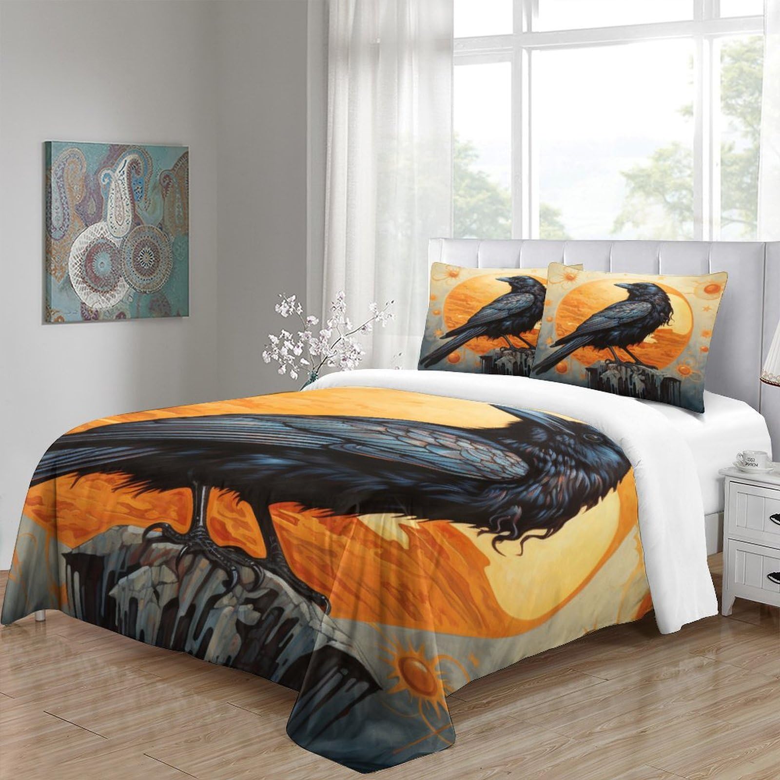 EVMILA Gothic Crow Duvet Cover Quilt Cover 3D Print Birds Comforter Covers for Boys Girls Bedding Set with Zipper Closure with Pillow Cases Soft Microfiber 3 Pieces Twin(173x218cm)