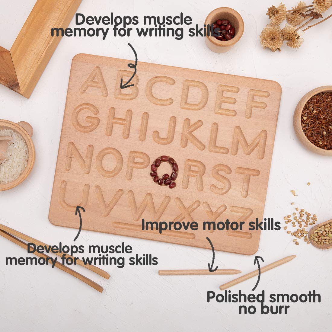 JETM·HH My First Learn to Write Wooden Number Tracing Board Preschool Handwriting Practice for Kids Age 3 4 5 Double-Sided Learning to Write ABC Educational Toy Game Fine Motor Montessori Gift