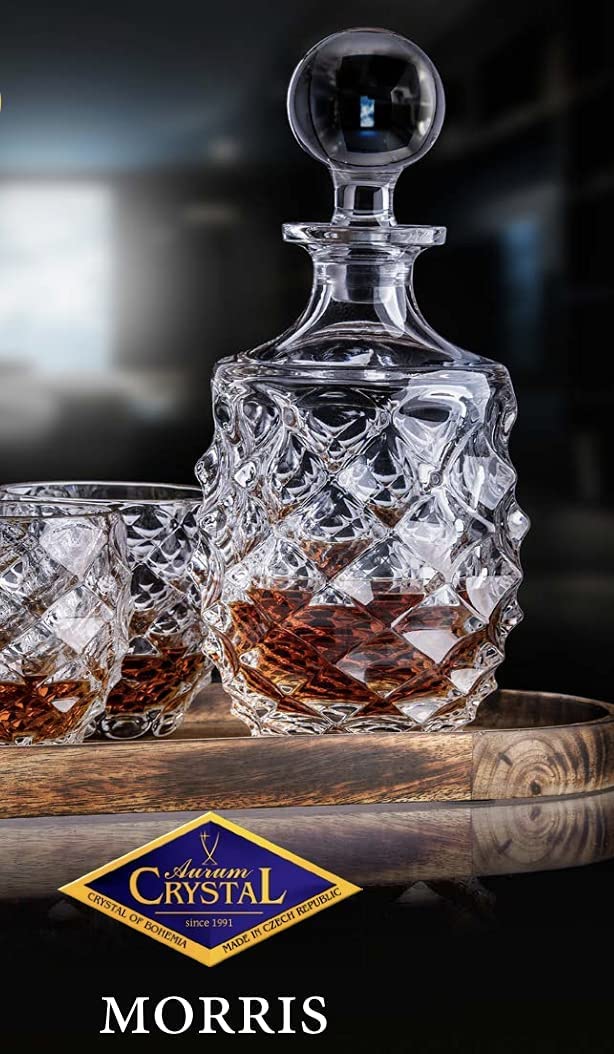 Czech Crystal Glass Whiskey Set 1+6 Elegant Design "Morris" Decanter 25oz./750ml.+Tumblers 11oz./320ml. Heavy Base Old Fashioned Style Bourbon Scotch Brandy Vodka Birthday Wedding Housewarming Gift