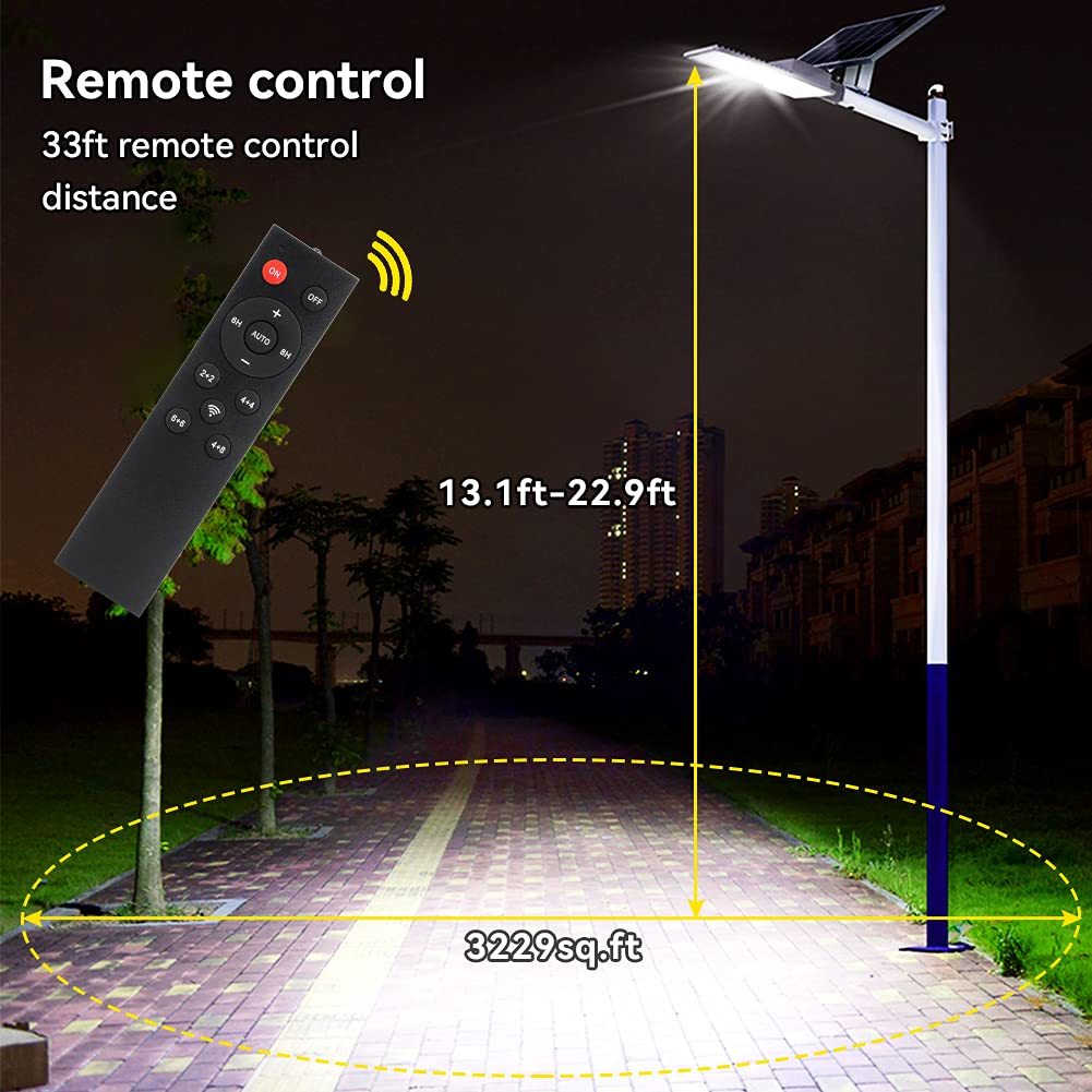WEAFIEO 450W Solar Street Light, Dusk to Dawn LED Solar Flood Light with Motion Sensor, Remote Control and Pole, Super Bright 6500K Waterproof Solar LED Outdoor Garden Light, Garden, Street