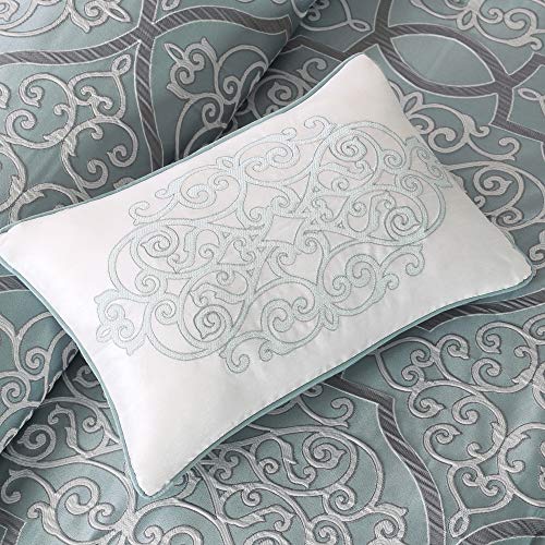 Madison Park Lavine Cozy Bed in a Bag Comforter Set, Traditional Luxe Jacquard Design All Season Down Alternative Bedding with Cotton Bed Sheets, Bed Skirt & Pillows, Queen Blue 12 Piece