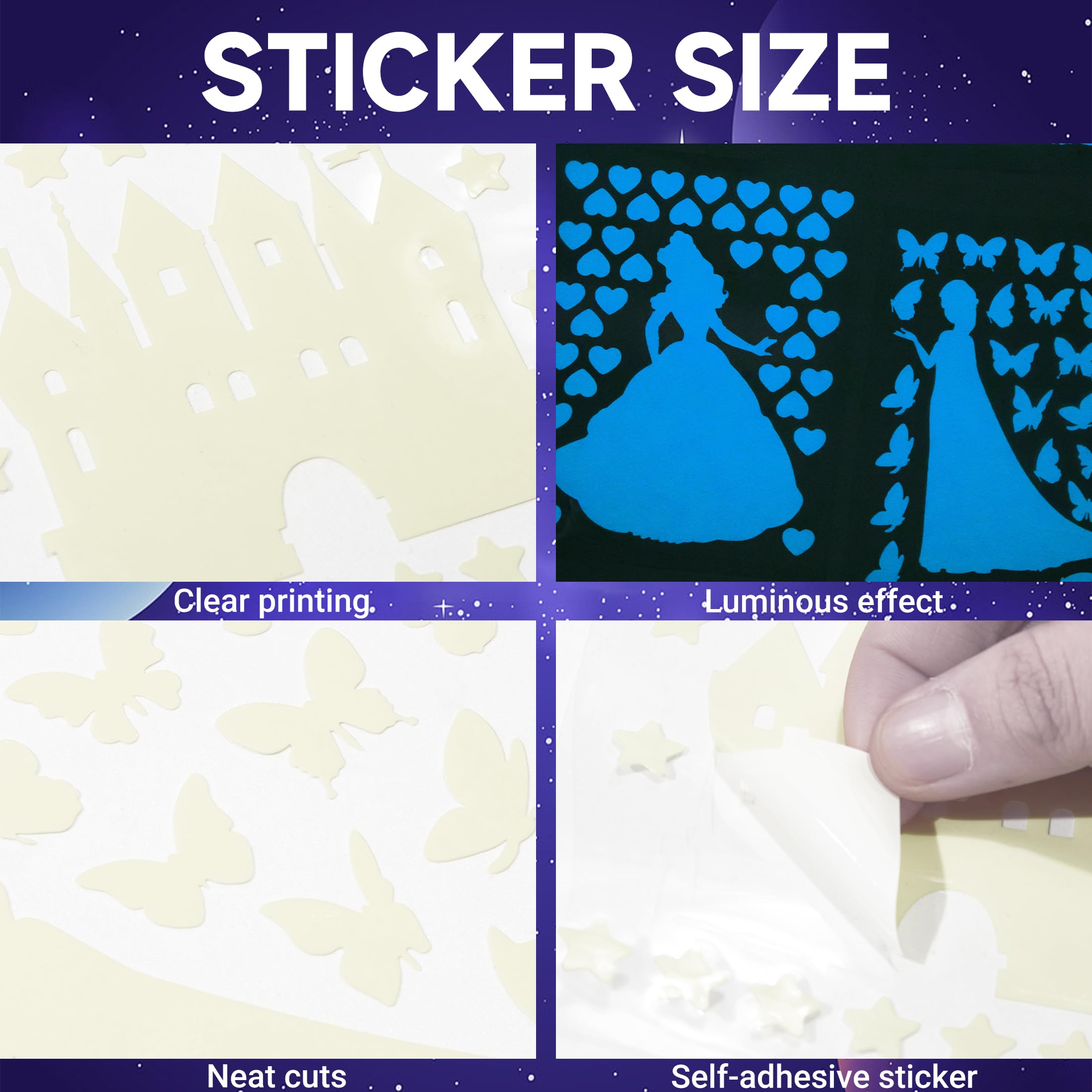 Glow in The Dark Princess Castle Wall Sticker, Self-Adhesive Star Butterfly Wall Decal for Girl's Room, Fluorescent Sticker for Ceiling Nursery (Blue)