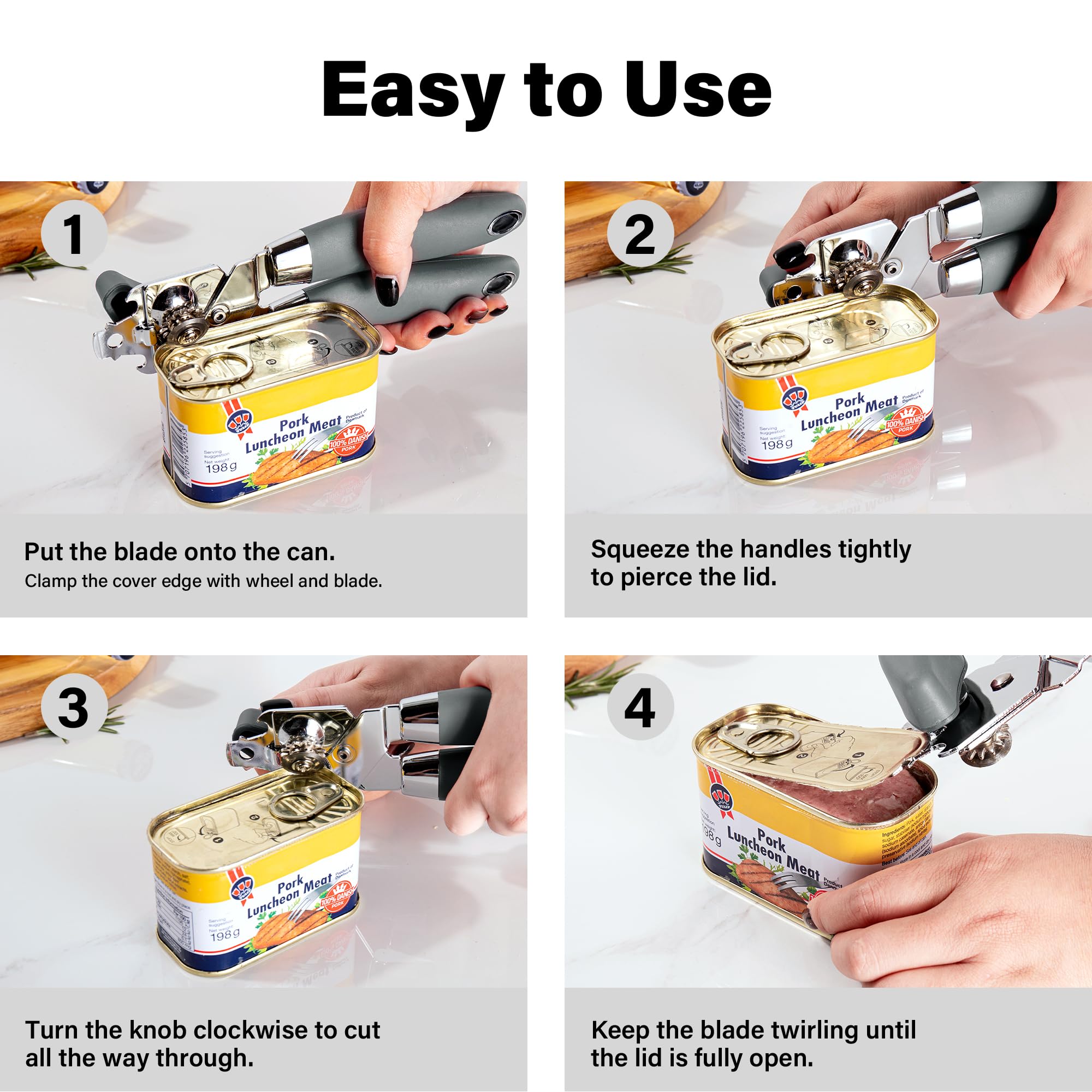 Can Opener Manual, TJ POP Can Opener, Heavy Duty Hand Held Can Openers, Stainless Steel Can Opener Smooth Edge, Easy Turn Knob, with Bottle Opener, Kitchen Gadgets Gray
