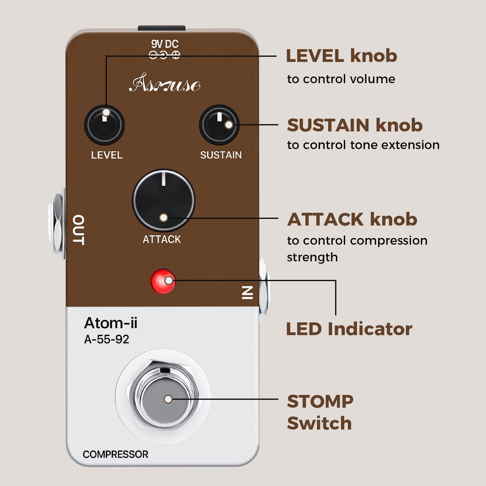Compression Guitar Effects Pedal, Asmuse Pure Analog Circuitry, Mini Compression Sustain Pedal for Electric Guitar and Bass