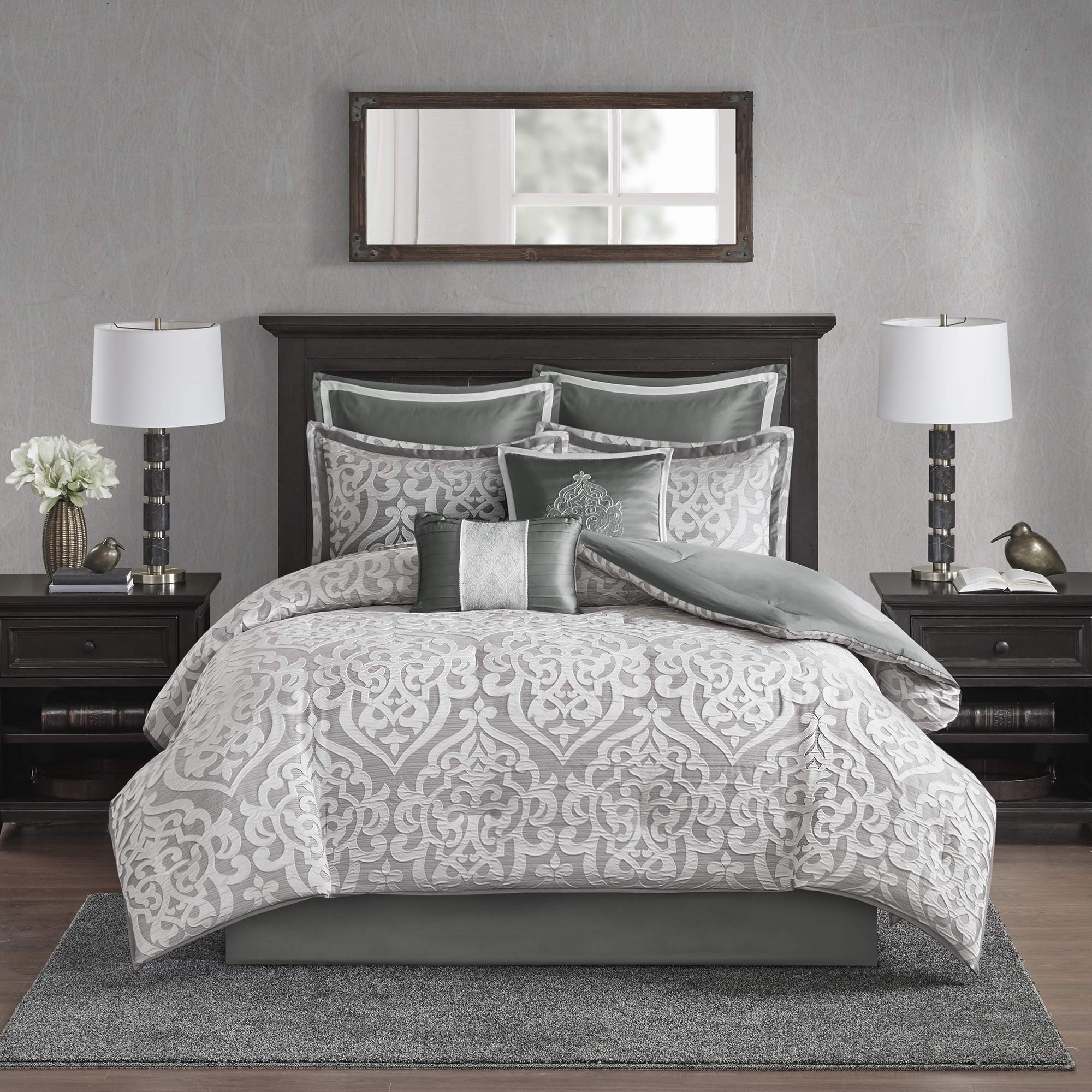 Madison Park Odette Cozy Comforter Set Jacquard Damask Medallion Design - Modern All Season, Down Alternative Bedding, Shams, Decorative Pillows, King(104 in x 92 in), Silver 8 Piece