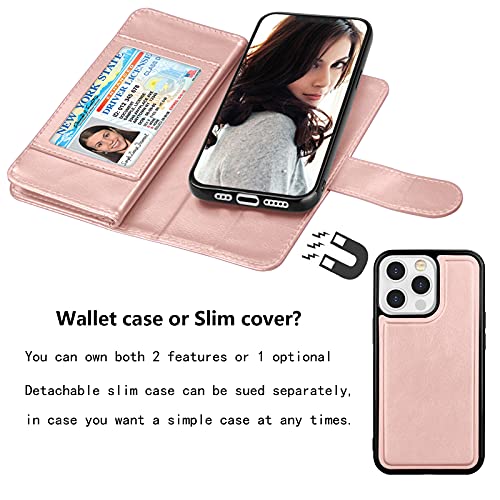 NJJEX Compatible with iPhone 13 Mini Case/iPhone 13 Mini Wallet Case 5.4" (2021), [9 Card Slots] PU Leather Credit Holder Folio Flip [Detachable] Kickstand Magnetic Phone Cover & Lanyard [Rose Gold]