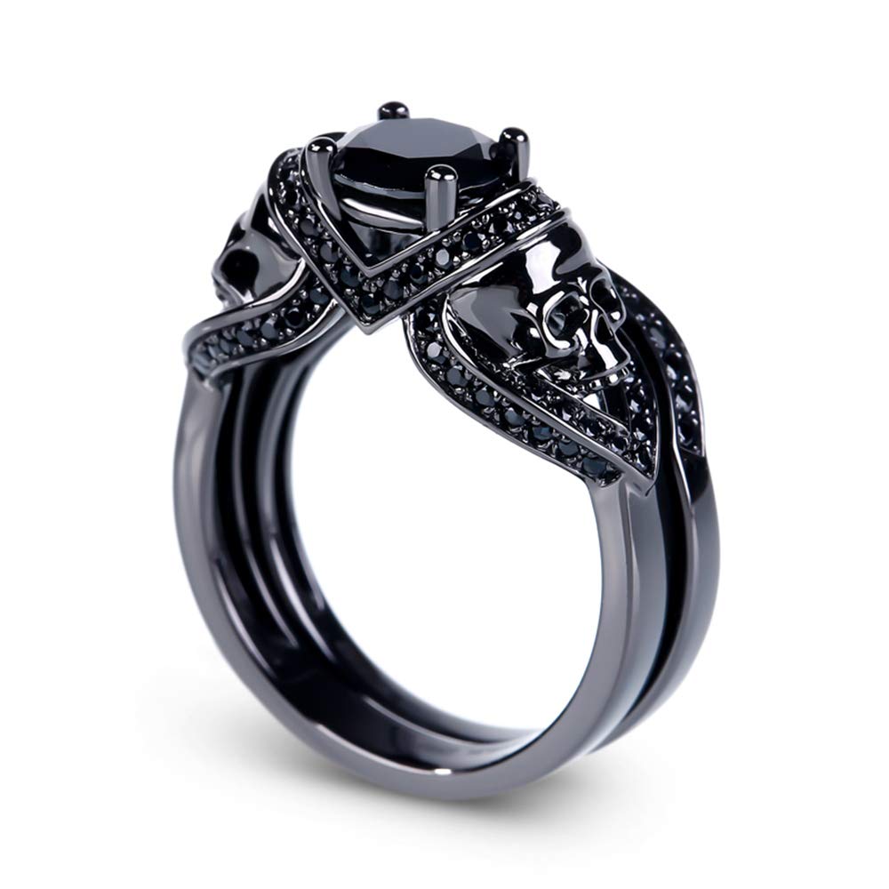 Jeulia 3.6 Carat Black Tone Skull Rings for Women Men Sterling Silver Round Cut Engagement Rings Bridal Sets Wedding Rings Cubic Zirconia Promise Engagement Anniversary with Jewelry Box (9.5)