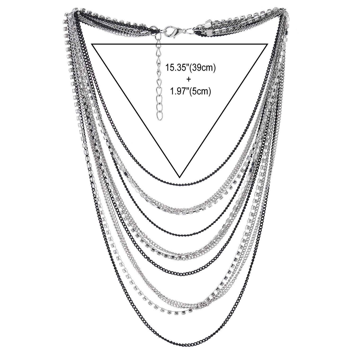 COOLSTEELANDBEYOND Black Silver Waterfall Multi-Strand Long Layered Chains Statement Collar Necklace with Rhinestones