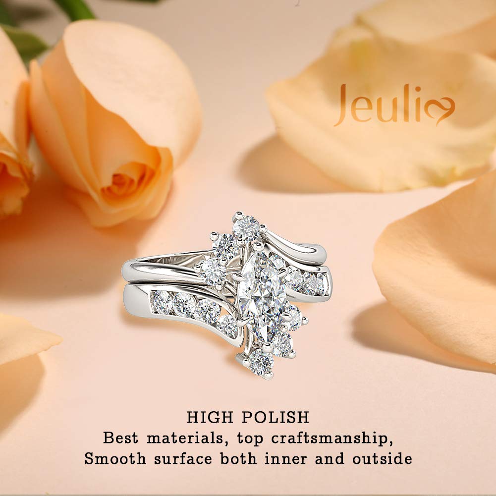 Jeulia Marquise Cut Wedding Set Sterling Silver Bypass Rings with Cubic Zirconia White Diamond Solitaire Engagement Rings Promise Anniversary with Gift Box (8.5)
