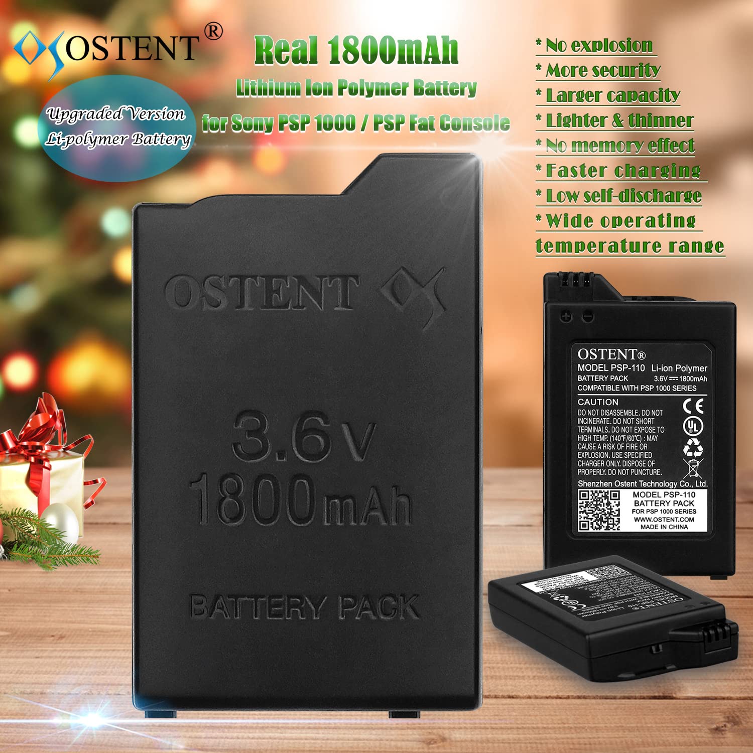 OSTENT 1800mAh 3.6V Lithium Ion Li-ion Polymer Rechargeable Battery Pack Replacement for Sony PSP 1000 PSP-110 Console