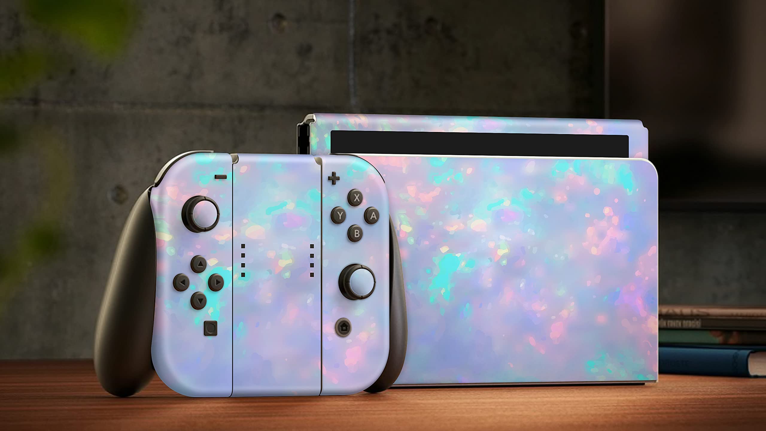 ZOOMHITSKINS OLED Switch Skin, Compatible with Switch OLED Skin Wrap, Gemstone Pattern Unicorn Blue Pink Silver, 3M Vinyl for Durable & Fit, Made in The USA