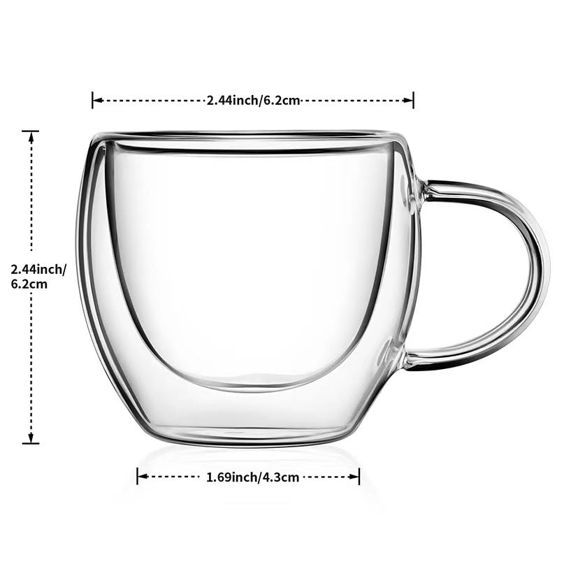 Stylusella Espresso Cup Set (2 pack 2.5 oz / 80 ml), Double Wall Borosilicate Glass Espresso Cups with Handles, ideal for a small espresso shot