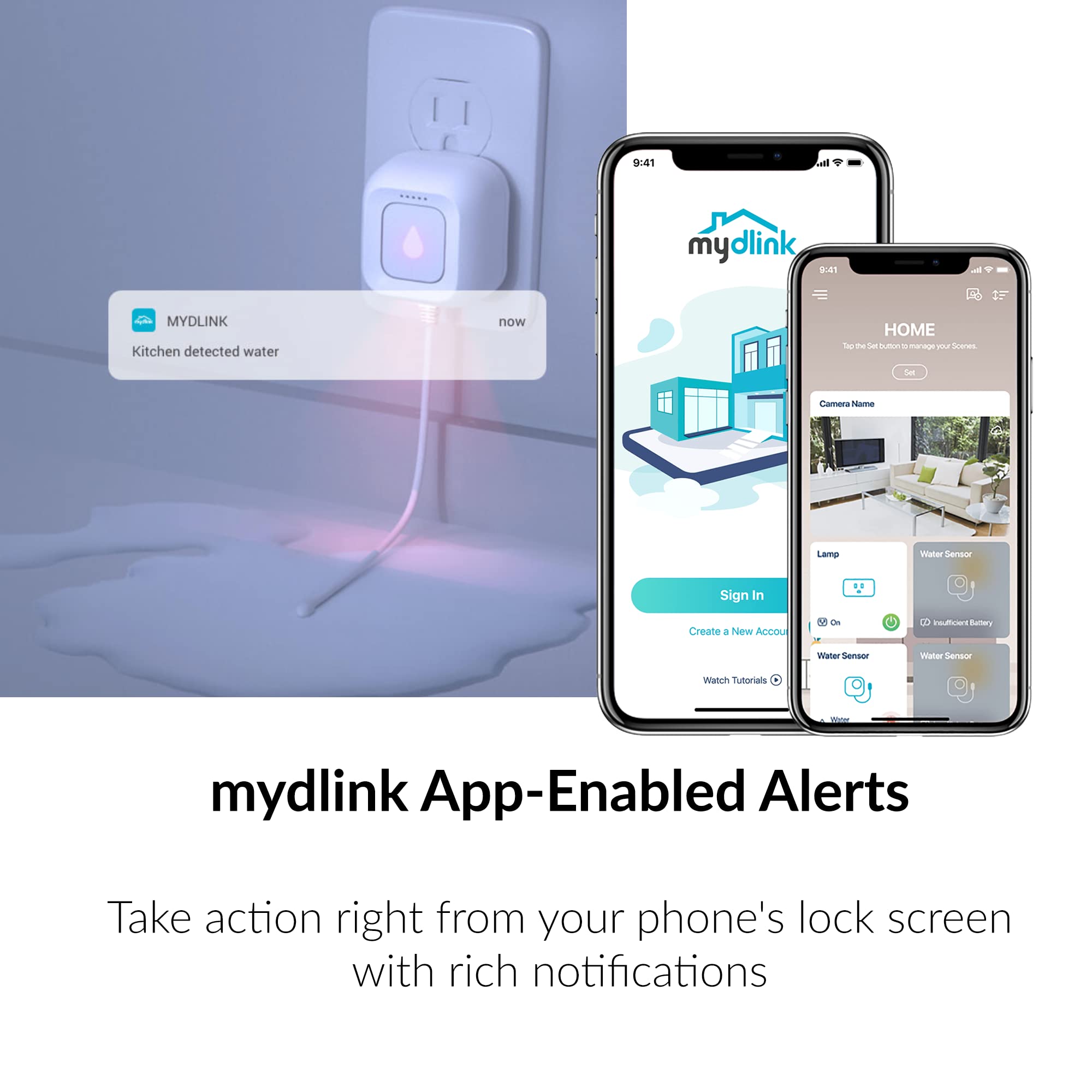 D-Link Wi-Fi Water Leak Sensor and Alarm Starter Kit w/ 2 Add-on Units, Whole Home System with App Notification, AC Powered, No Hub Required (DCH-S1622KT),White