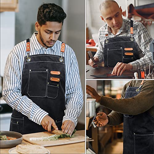 NLUS Chef Apron for Men Women, Water-Resistant Heavy Duty Cotton Canvas Apron Cross Back Apron with Adjustable Straps and Large Pockets, Size M to XXL (BLACK)